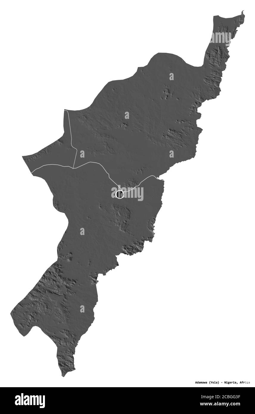 Shape of Adamawa, state of Nigeria, with its capital isolated on white ...