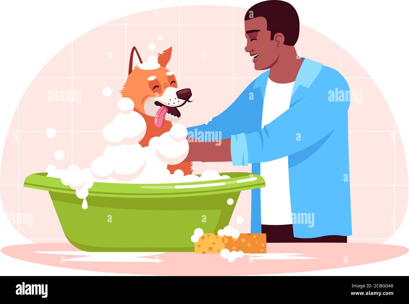 Man washing dog semi flat RGB color vector illustration Stock Vector ...