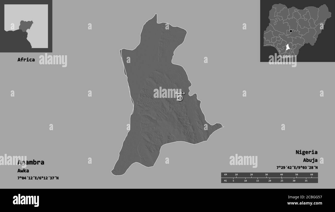 Shape of Anambra, state of Nigeria, and its capital. Distance scale ...