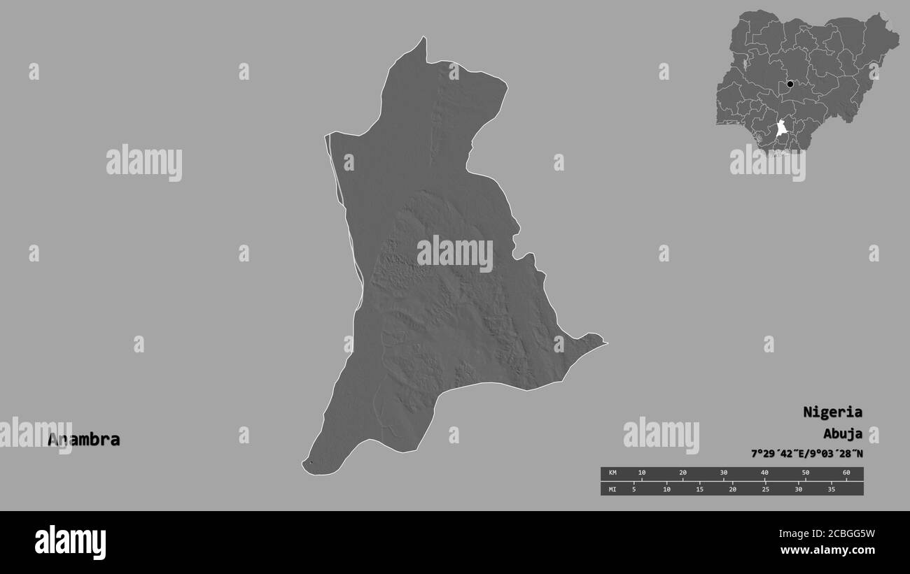 Shape of Anambra, state of Nigeria, with its capital isolated on solid ...