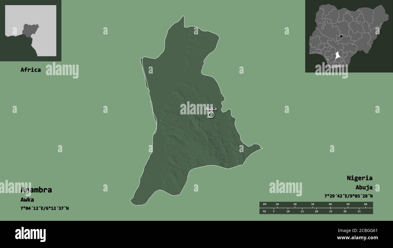 Shape of Anambra, state of Nigeria, and its capital. Distance scale ...
