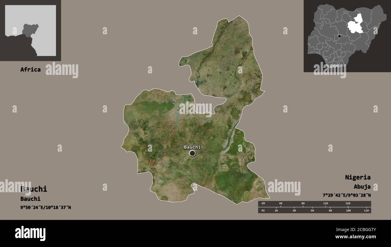 Shape of Bauchi, state of Nigeria, and its capital. Distance scale ...