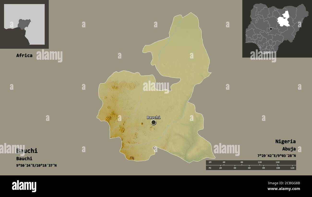 Shape of Bauchi, state of Nigeria, and its capital. Distance scale ...