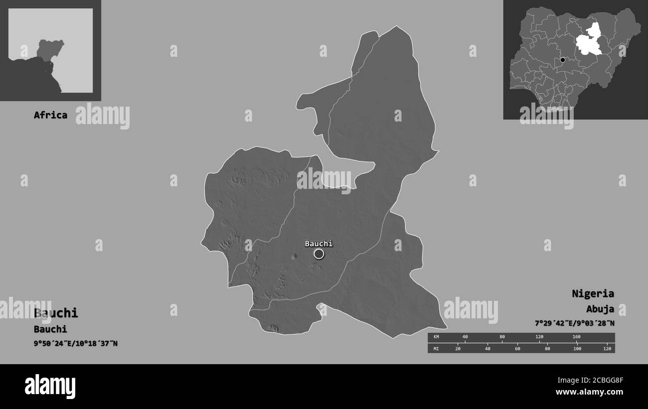 Shape of Bauchi, state of Nigeria, and its capital. Distance scale ...