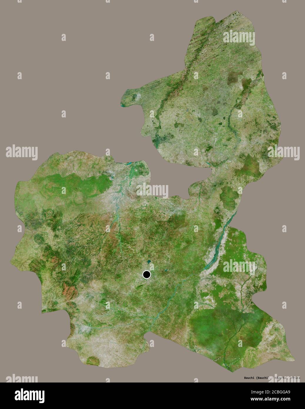 Shape of Bauchi, state of Nigeria, with its capital isolated on a solid ...