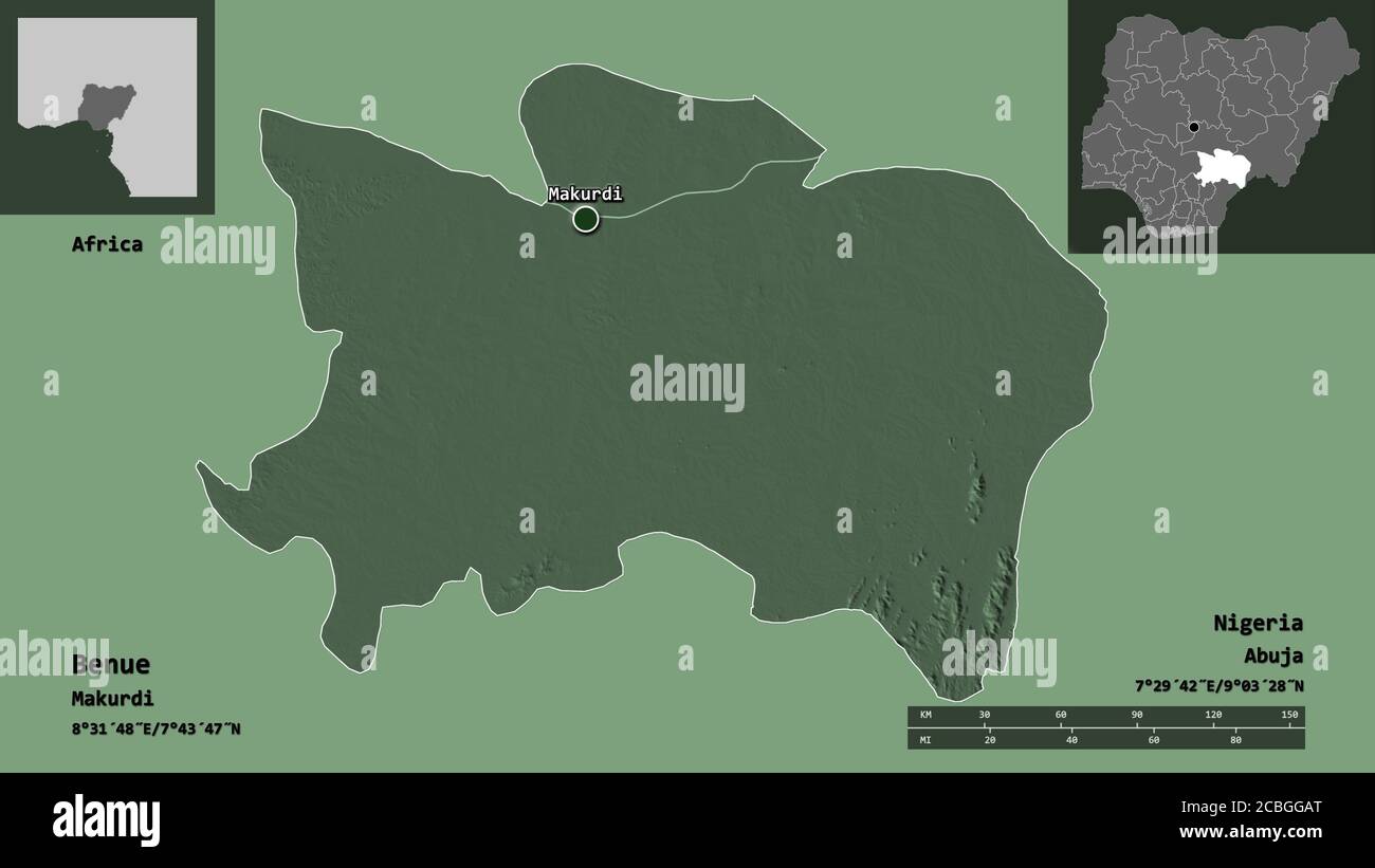 Shape of Benue, state of Nigeria, and its capital. Distance scale ...