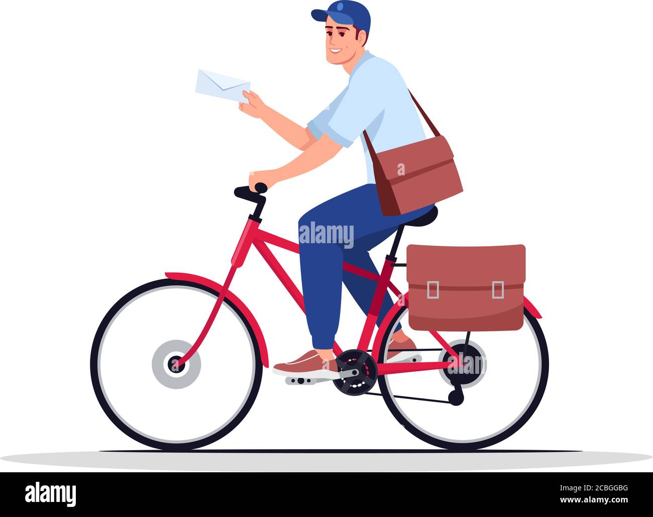 Postman on bike semi flat RGB color vector illustration Stock Vector ...