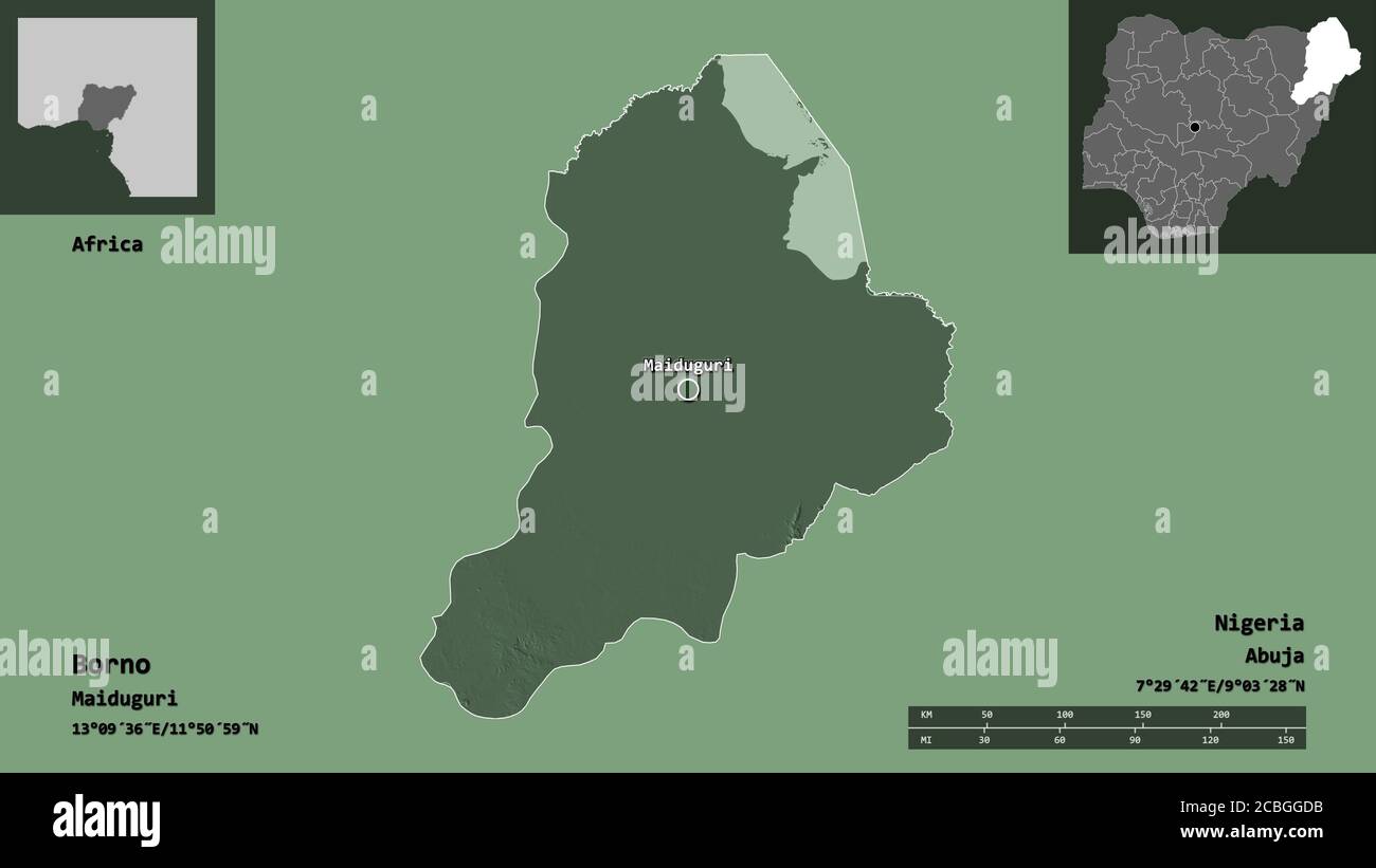 Shape of Borno, state of Nigeria, and its capital. Distance scale ...