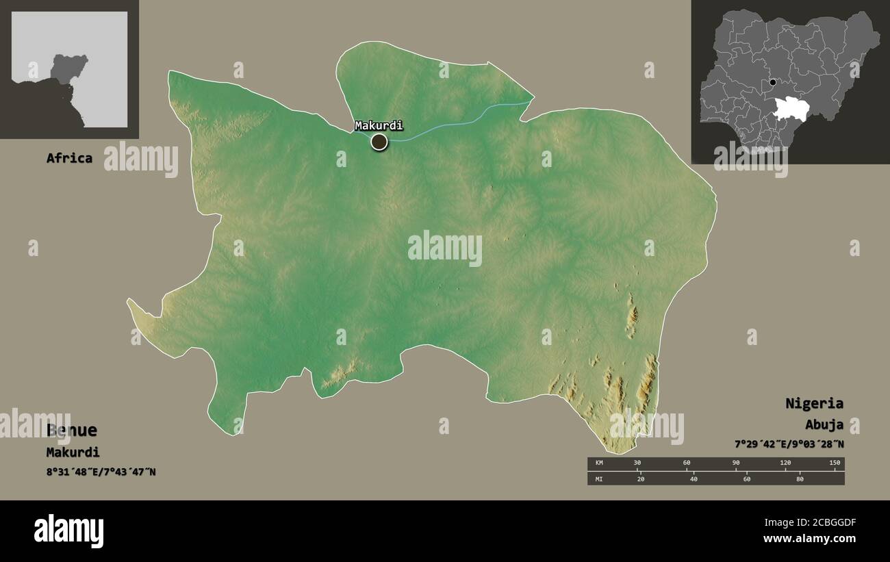 Shape of Benue, state of Nigeria, and its capital. Distance scale ...