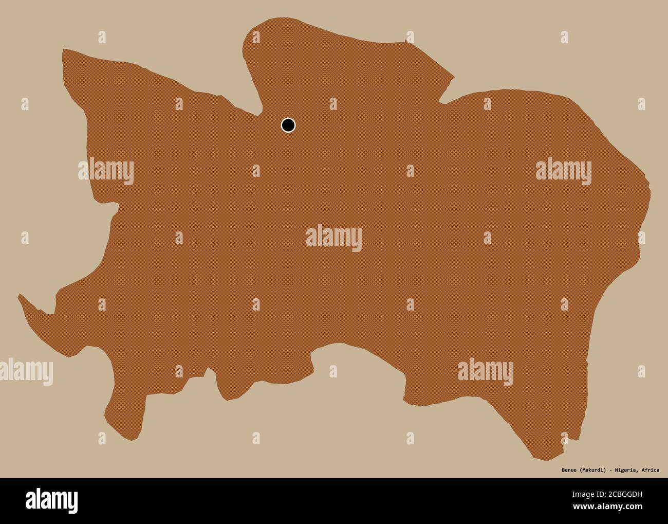 Shape of Benue, state of Nigeria, with its capital isolated on a solid ...