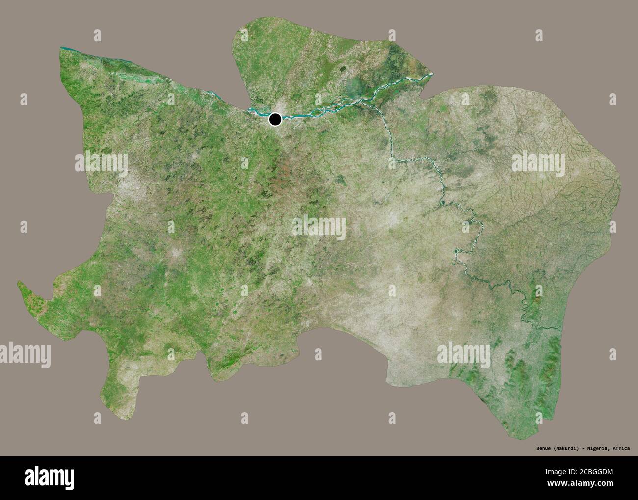 Shape of Benue, state of Nigeria, with its capital isolated on a solid ...