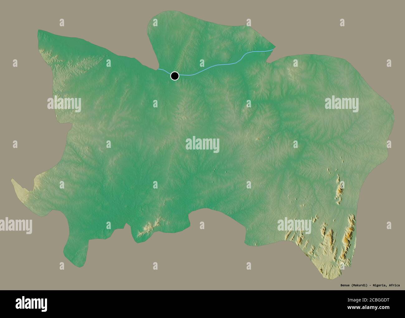Shape of Benue, state of Nigeria, with its capital isolated on a solid ...