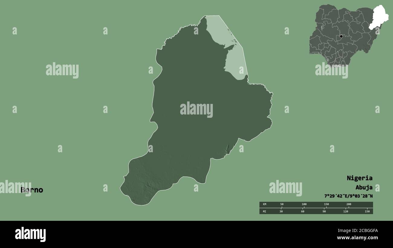 Shape of Borno, state of Nigeria, with its capital isolated on solid ...
