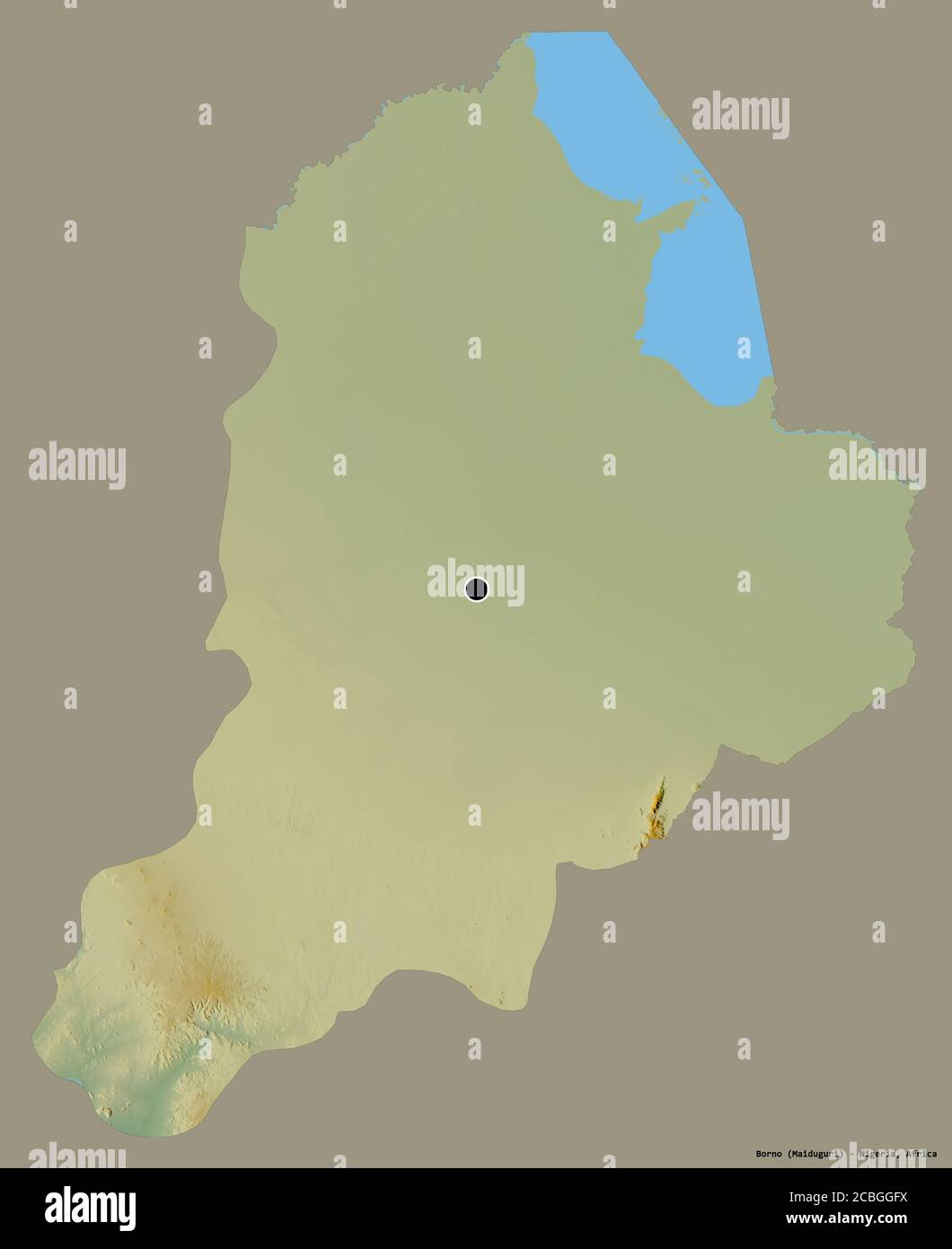 Shape of Borno, state of Nigeria, with its capital isolated on a solid ...