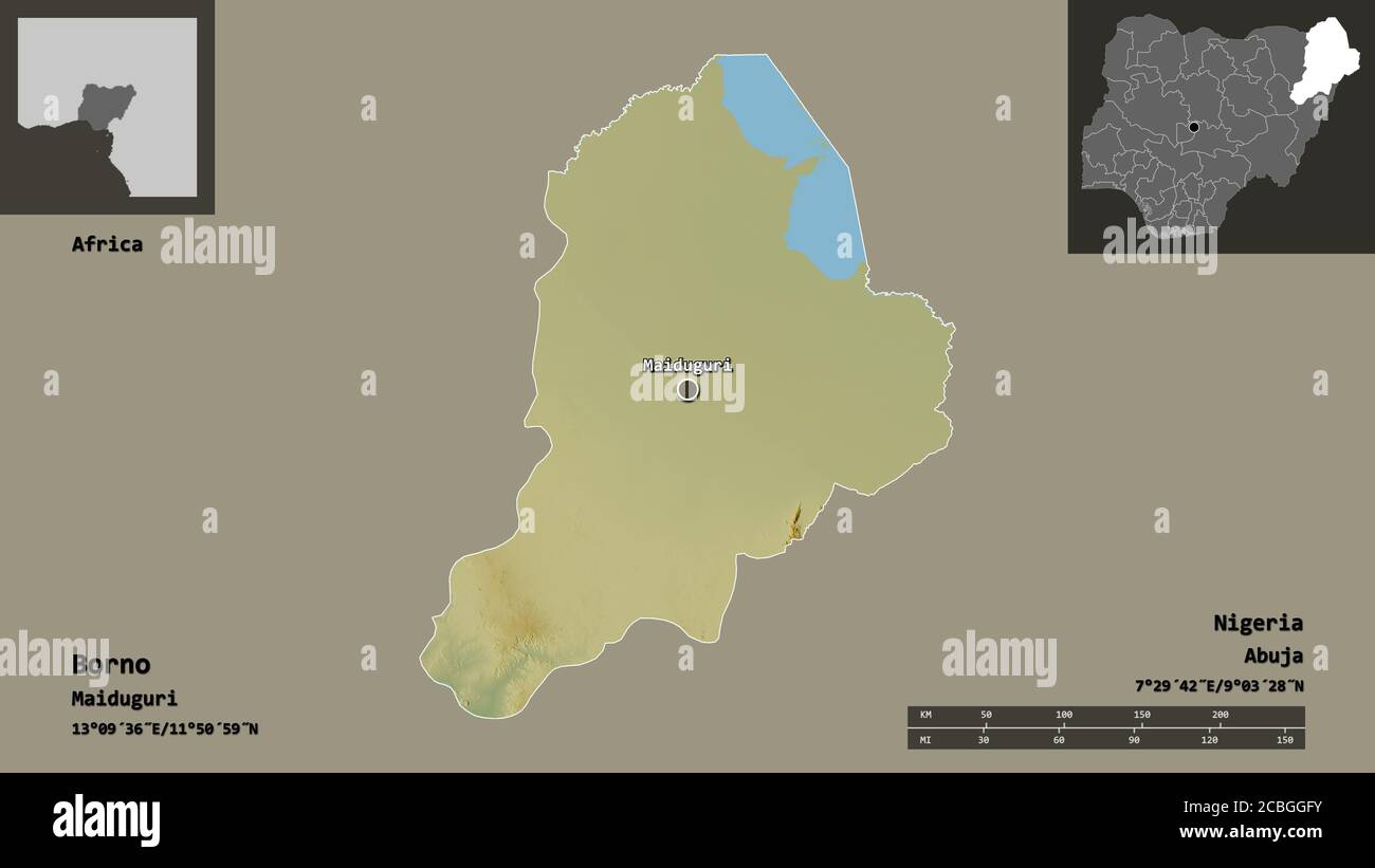 Shape of Borno, state of Nigeria, and its capital. Distance scale ...