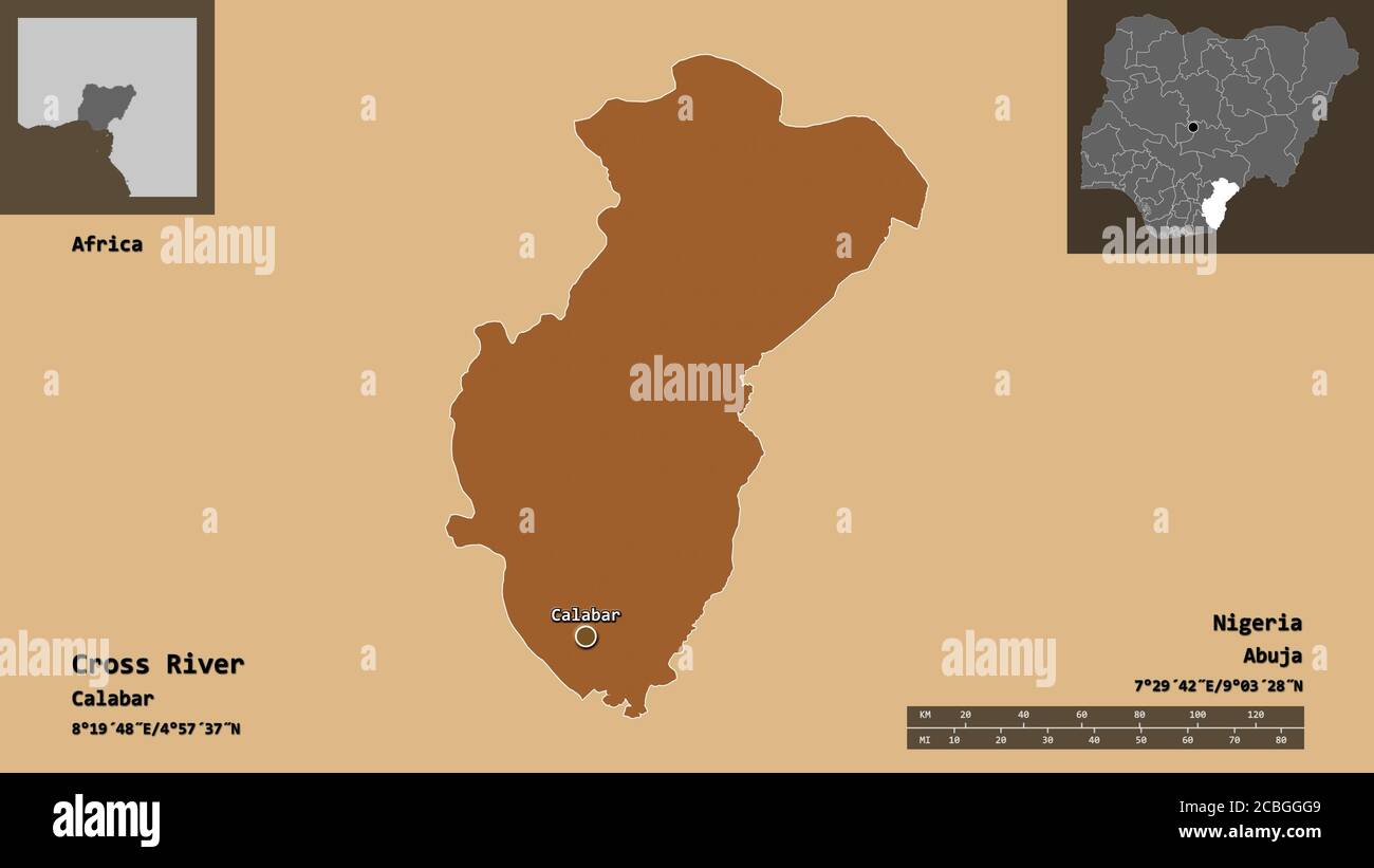 Shape of Cross River, state of Nigeria, and its capital. Distance scale ...