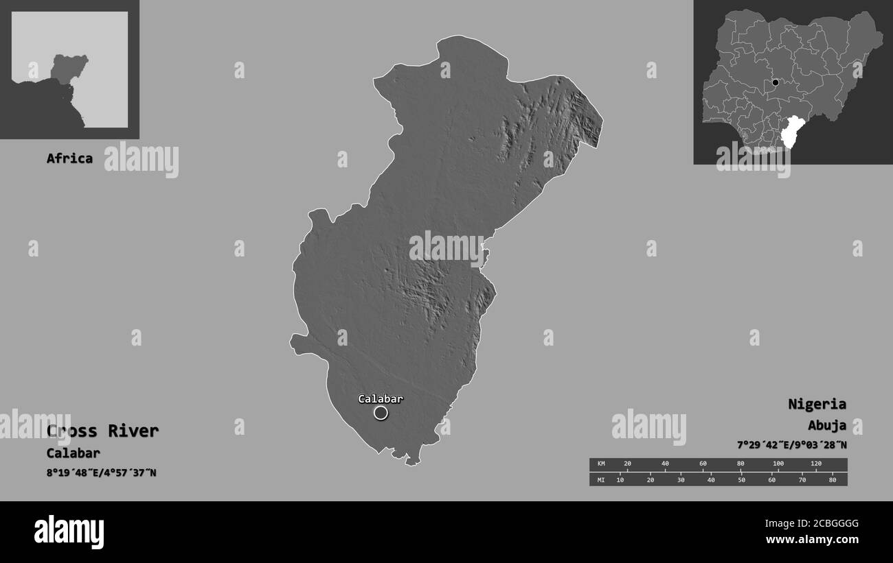 Shape of Cross River, state of Nigeria, and its capital. Distance scale ...