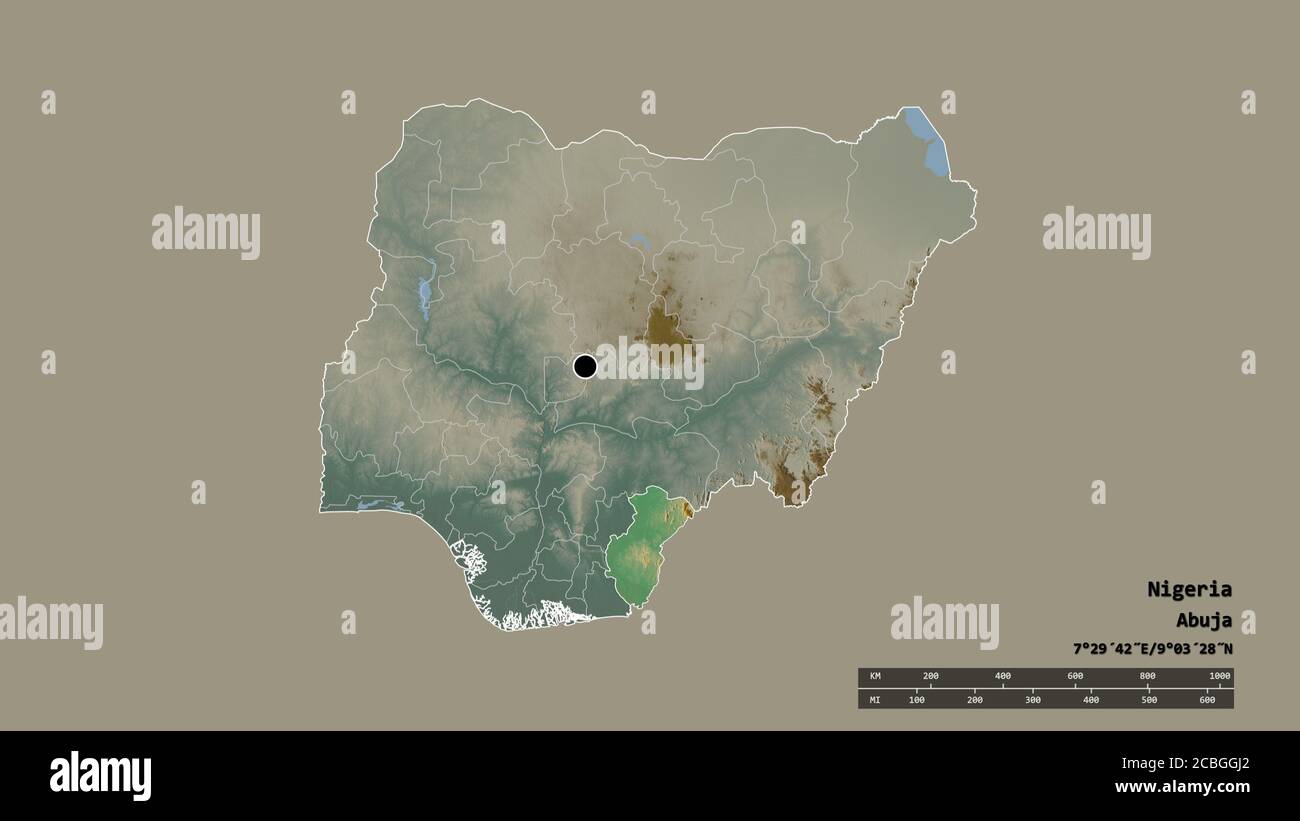 Desaturated shape of Nigeria with its capital, main regional division ...