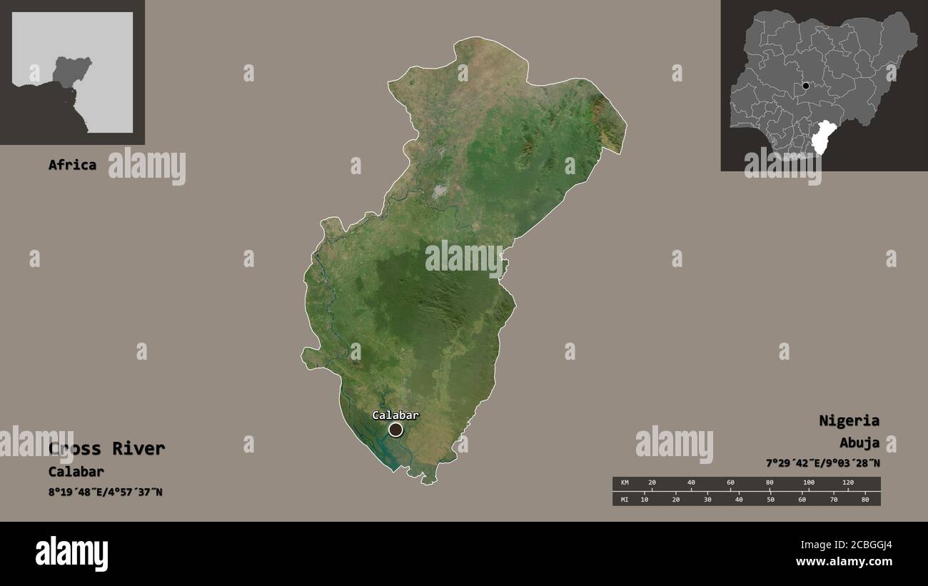 Shape of Cross River, state of Nigeria, and its capital. Distance scale ...