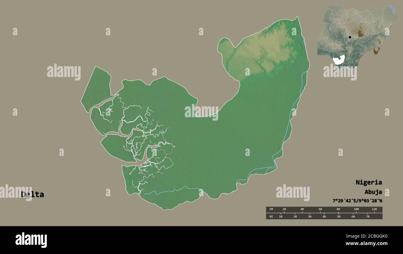 Shape of Delta, state of Nigeria, with its capital isolated on solid ...