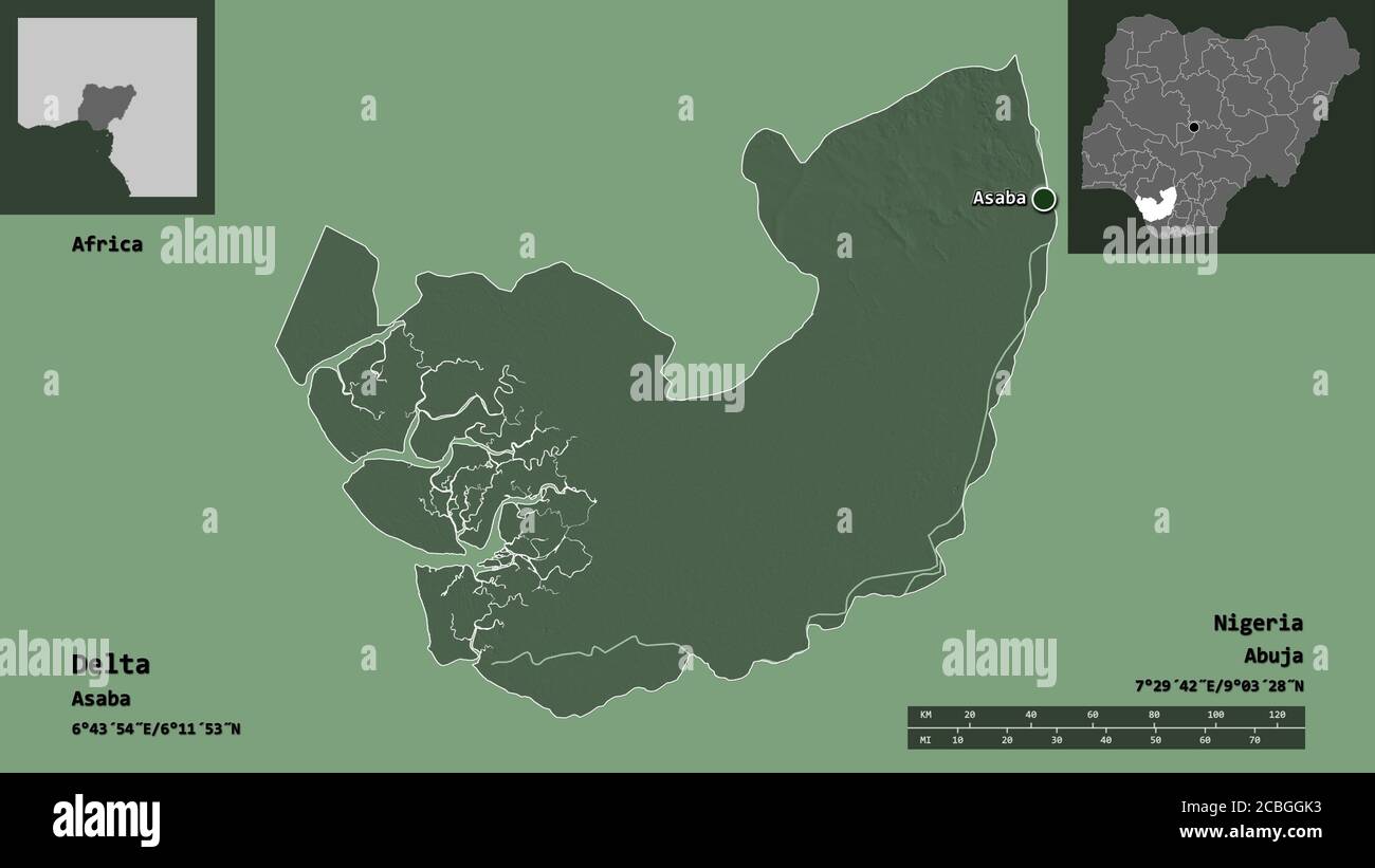 Shape of Delta, state of Nigeria, and its capital. Distance scale ...