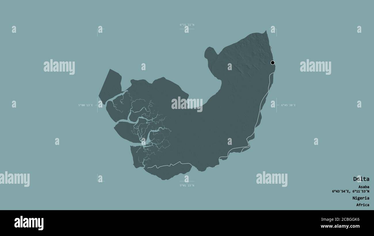 Area of Delta, state of Nigeria, isolated on a solid background in a ...