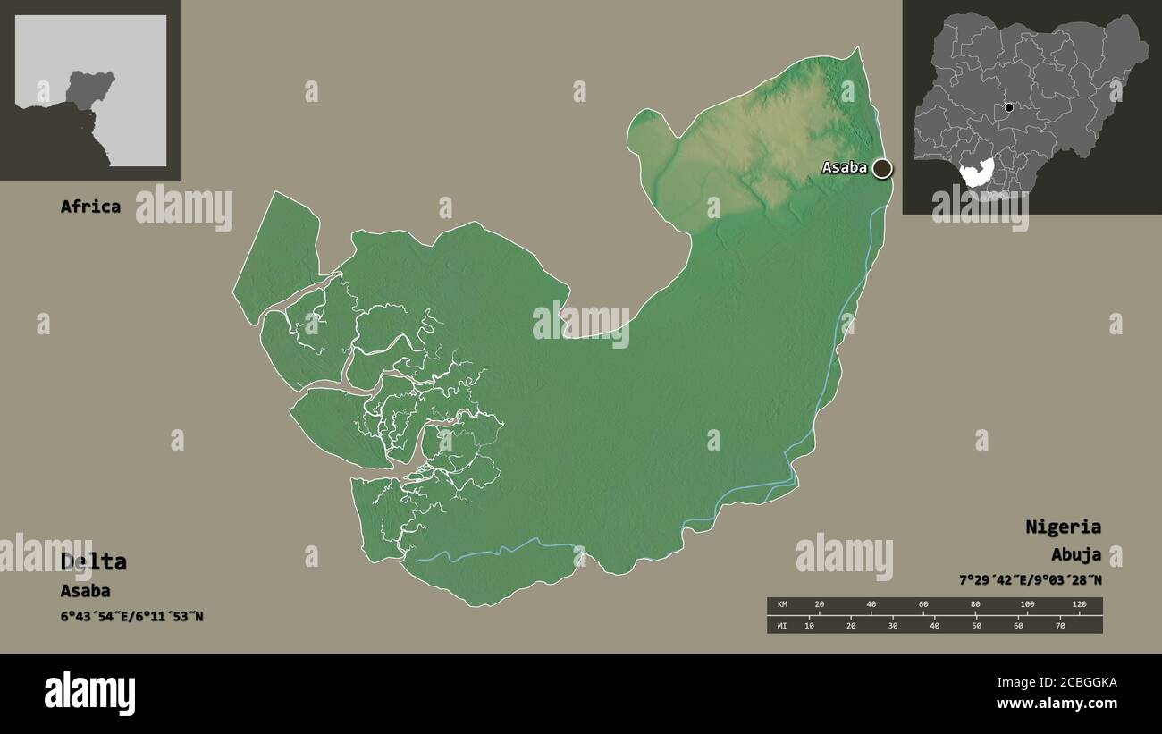Shape of Delta, state of Nigeria, and its capital. Distance scale ...