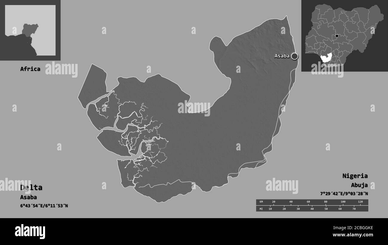 Shape of Delta, state of Nigeria, and its capital. Distance scale ...