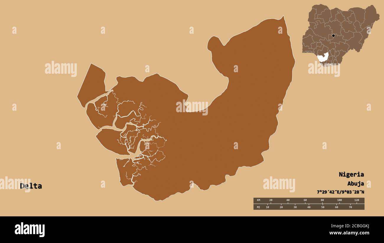 Shape of Delta, state of Nigeria, with its capital isolated on solid ...