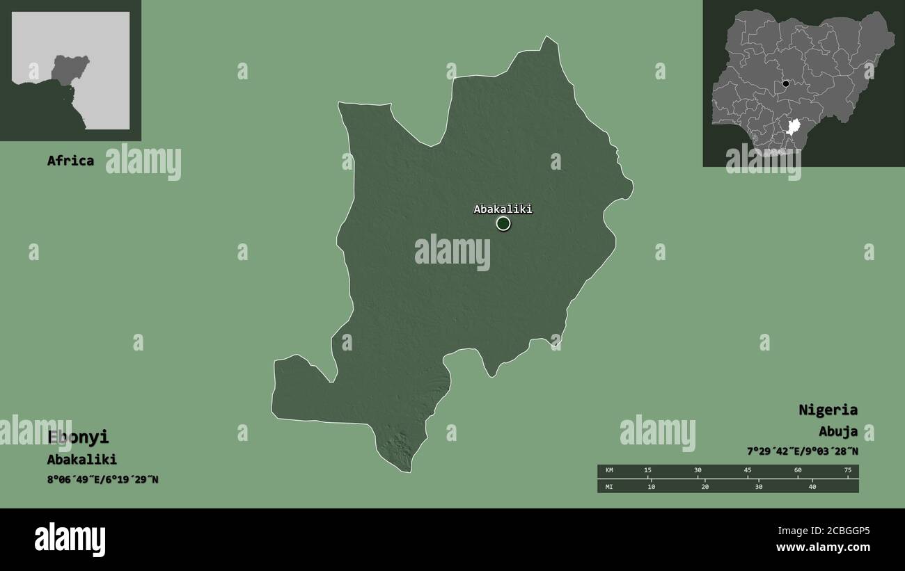 Shape of Ebonyi, state of Nigeria, and its capital. Distance scale ...
