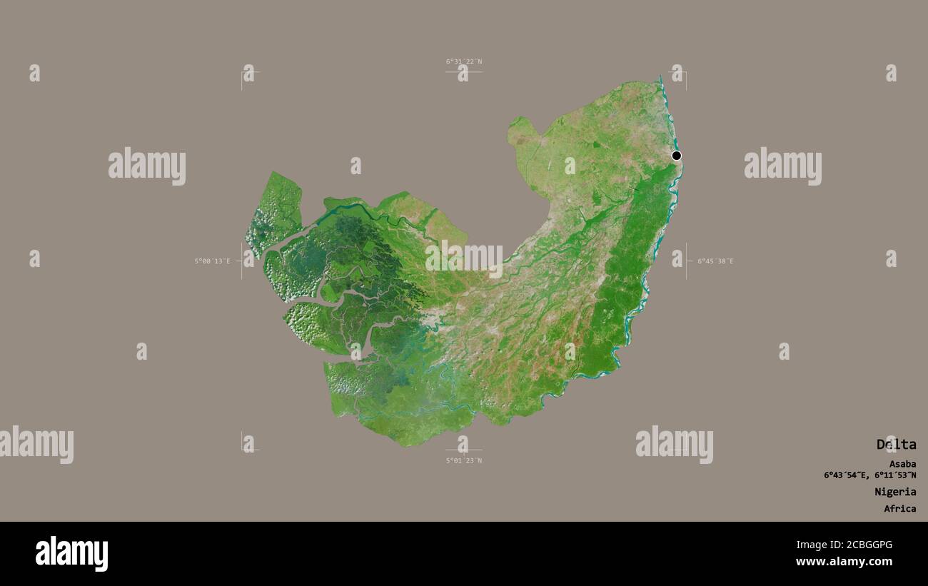 Area of Delta, state of Nigeria, isolated on a solid background in a ...