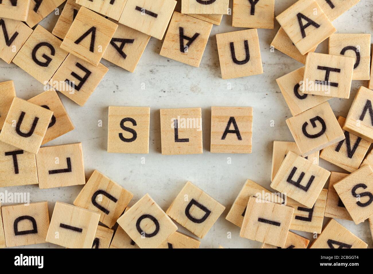 Top down view, pile of square wooden blocks with letters SLA (stands ...