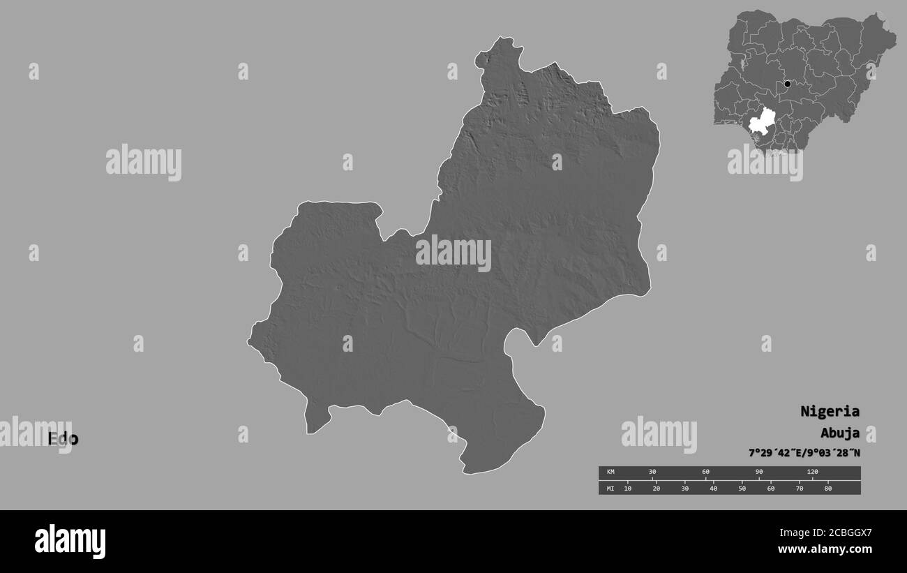Shape of Edo, state of Nigeria, with its capital isolated on solid ...