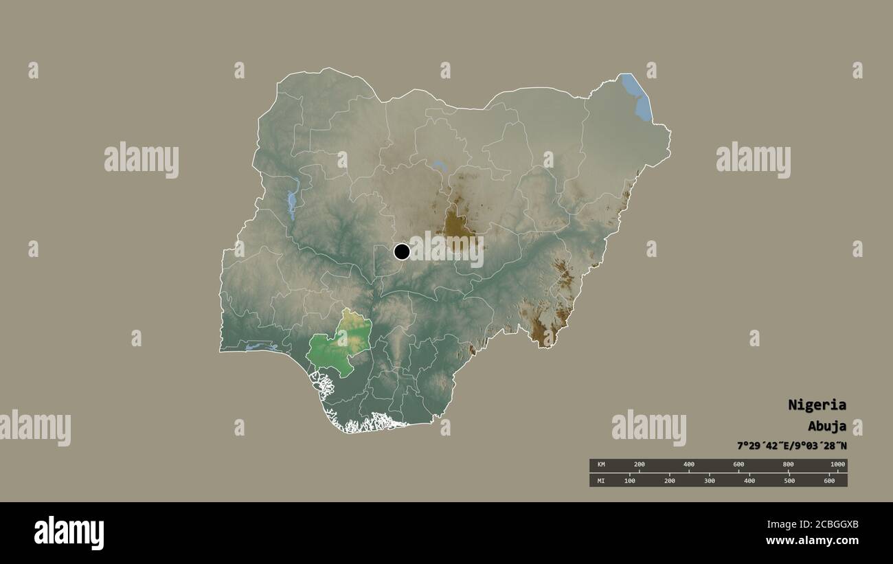 Desaturated shape of Nigeria with its capital, main regional division ...