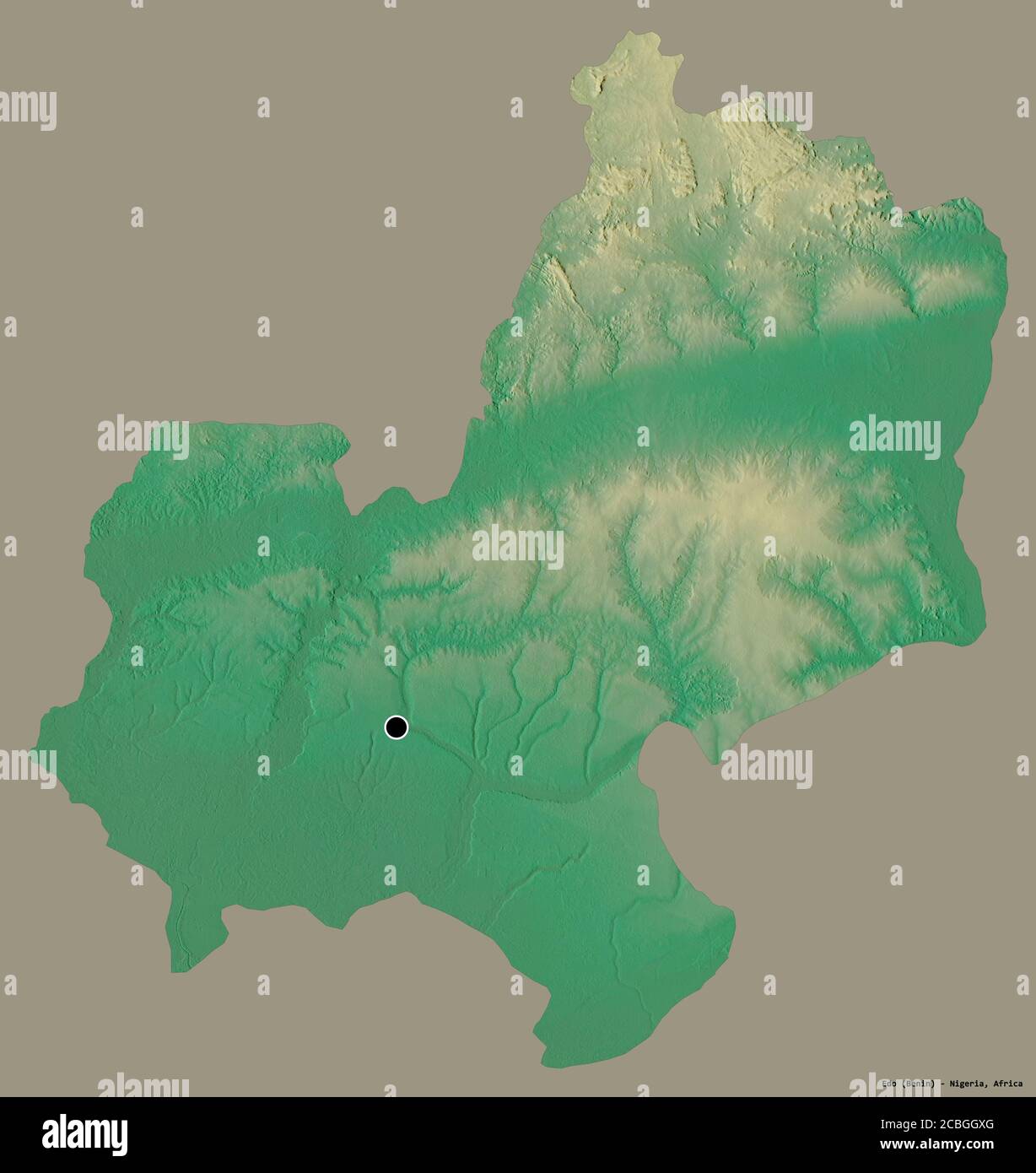 Shape of Edo, state of Nigeria, with its capital isolated on a solid ...