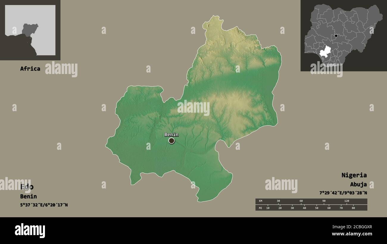 Shape of Edo, state of Nigeria, and its capital. Distance scale ...