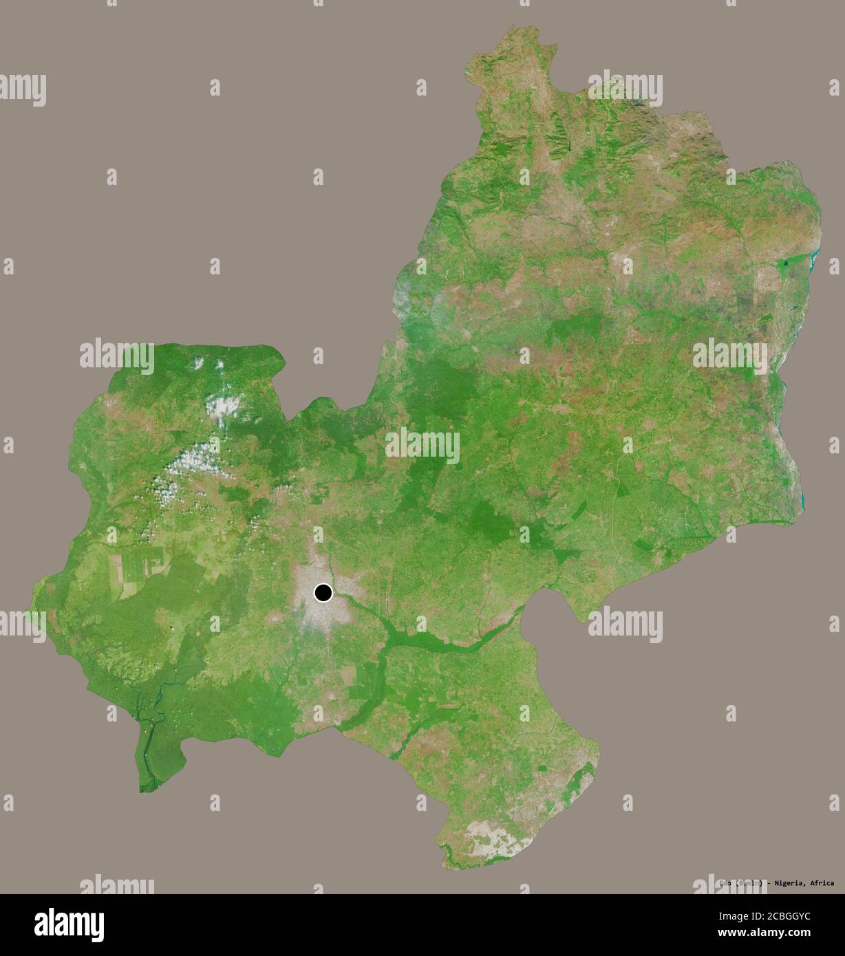 Shape of Edo, state of Nigeria, with its capital isolated on a solid ...