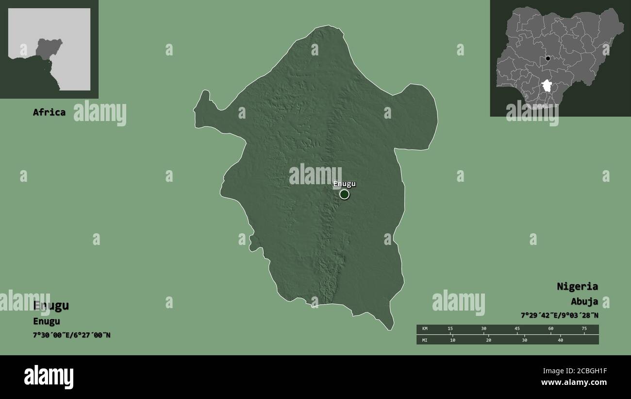 Shape of Enugu, state of Nigeria, and its capital. Distance scale ...