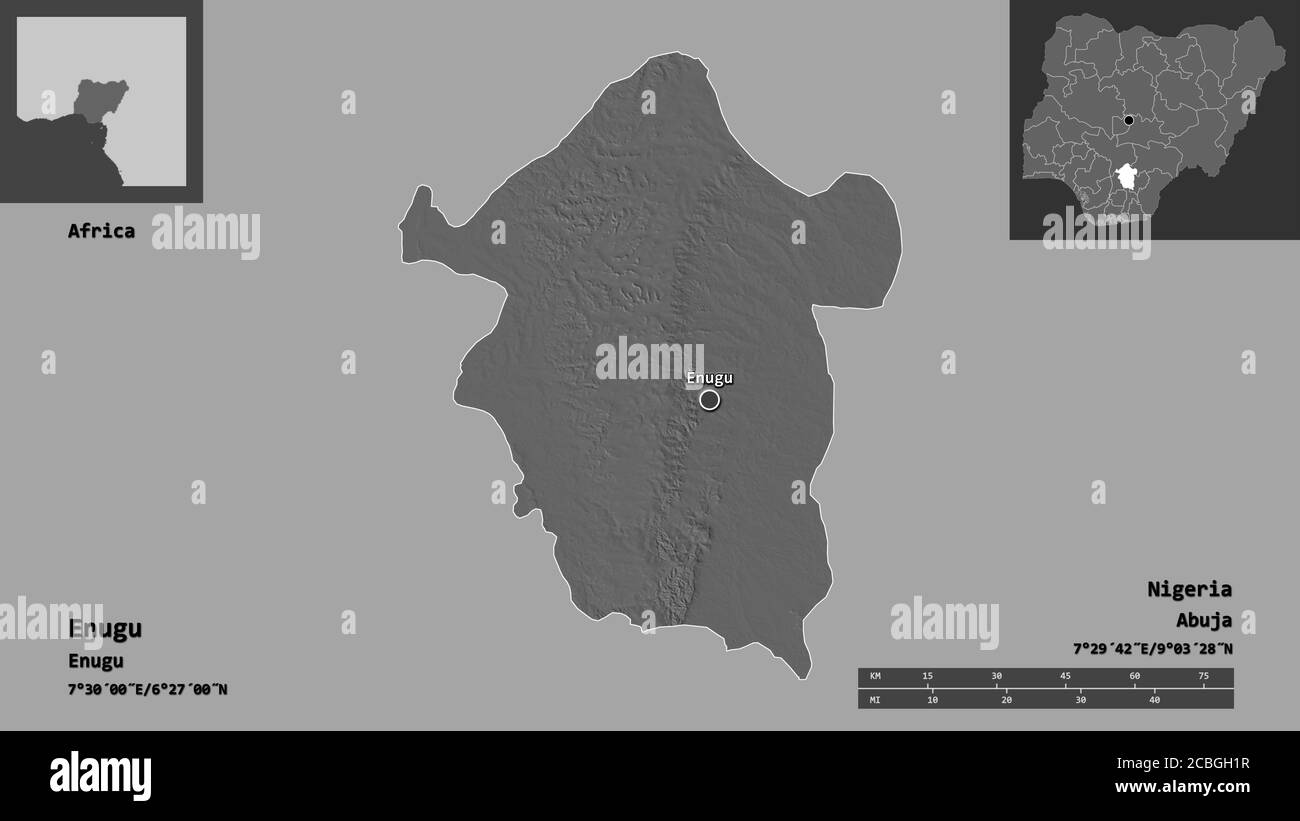 Shape of Enugu, state of Nigeria, and its capital. Distance scale ...