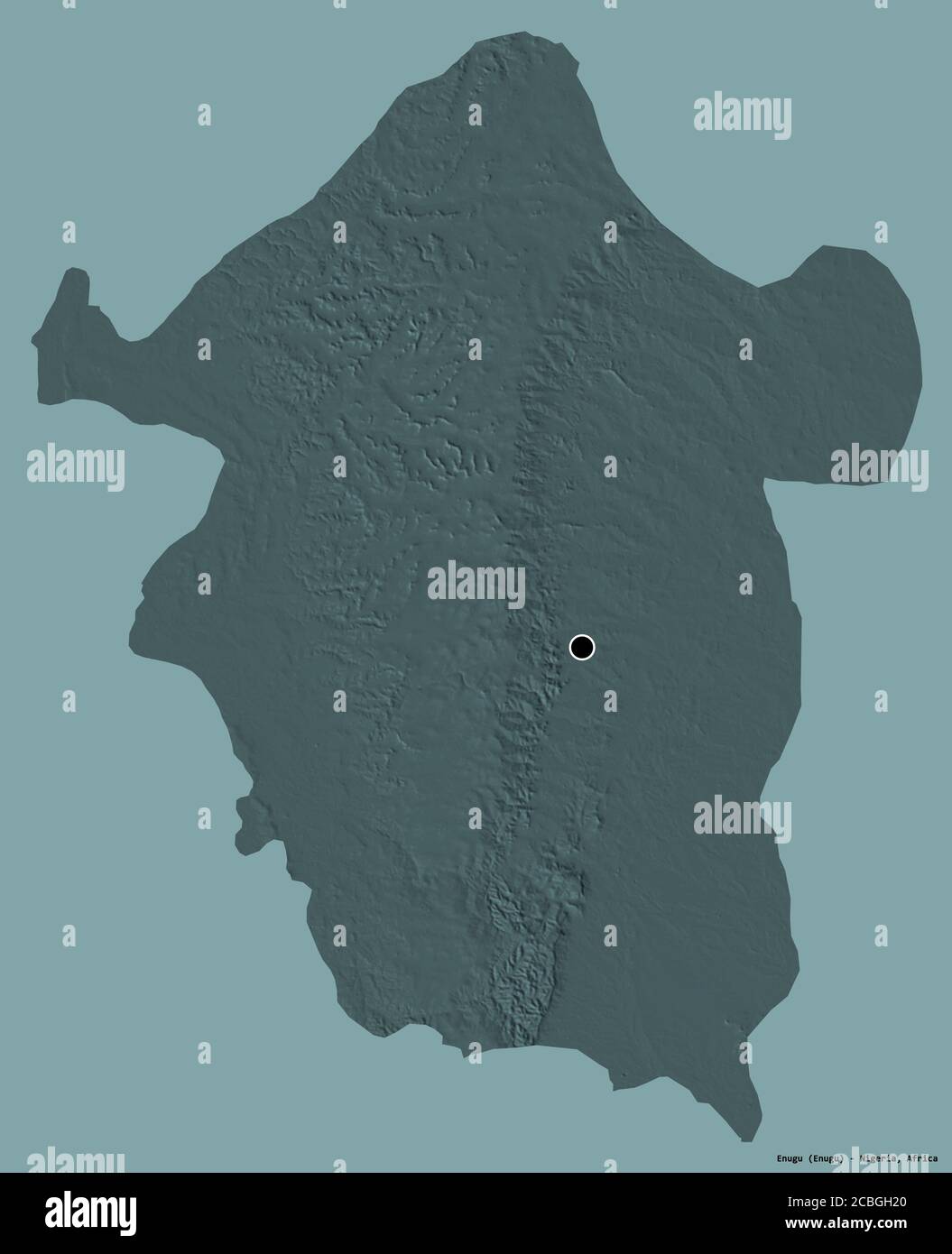 Shape of Enugu, state of Nigeria, with its capital isolated on a solid ...