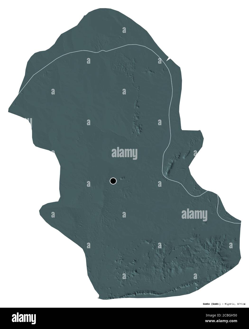 Shape of Gombe, state of Nigeria, with its capital isolated on white ...