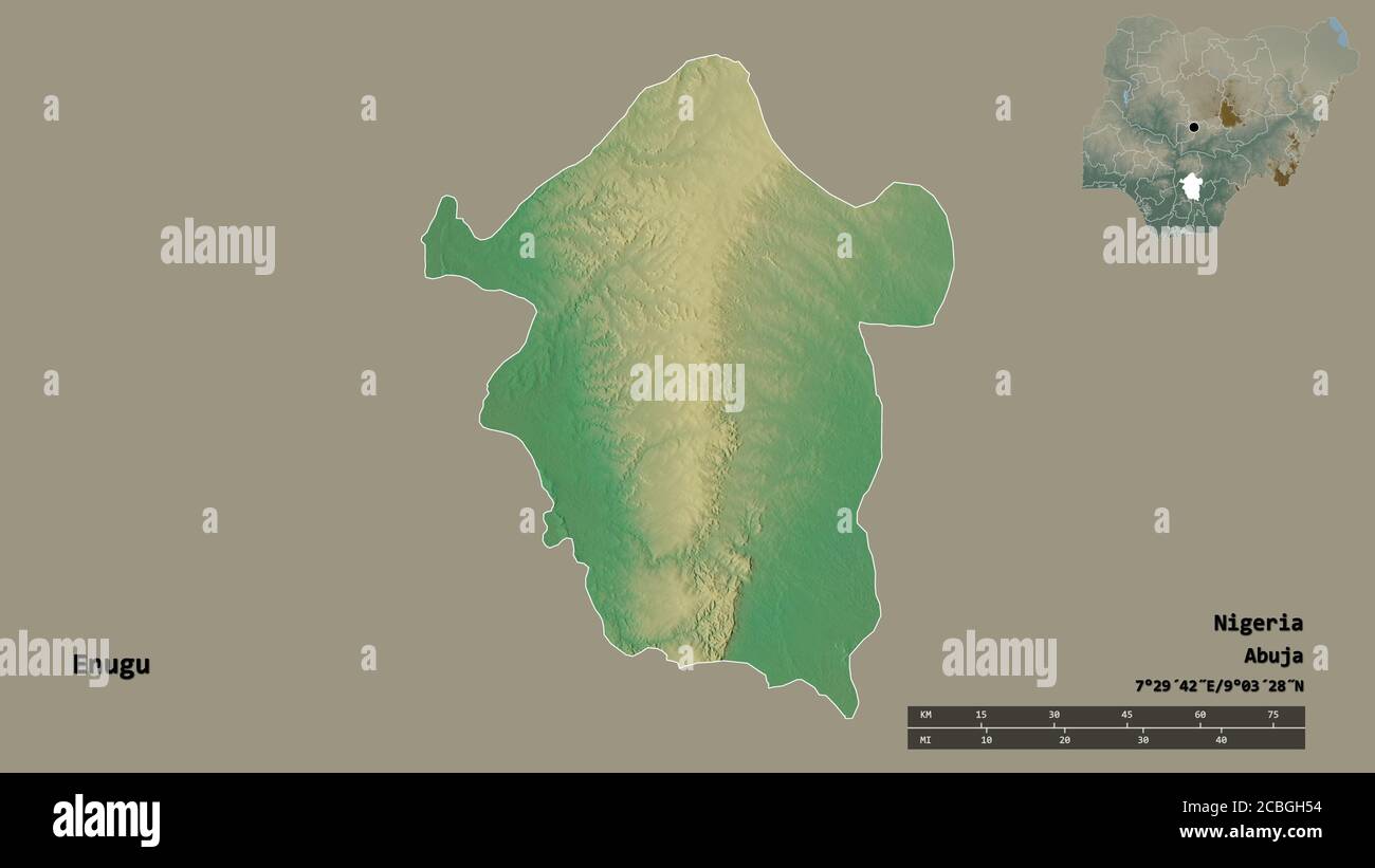 Shape of Enugu, state of Nigeria, with its capital isolated on solid ...