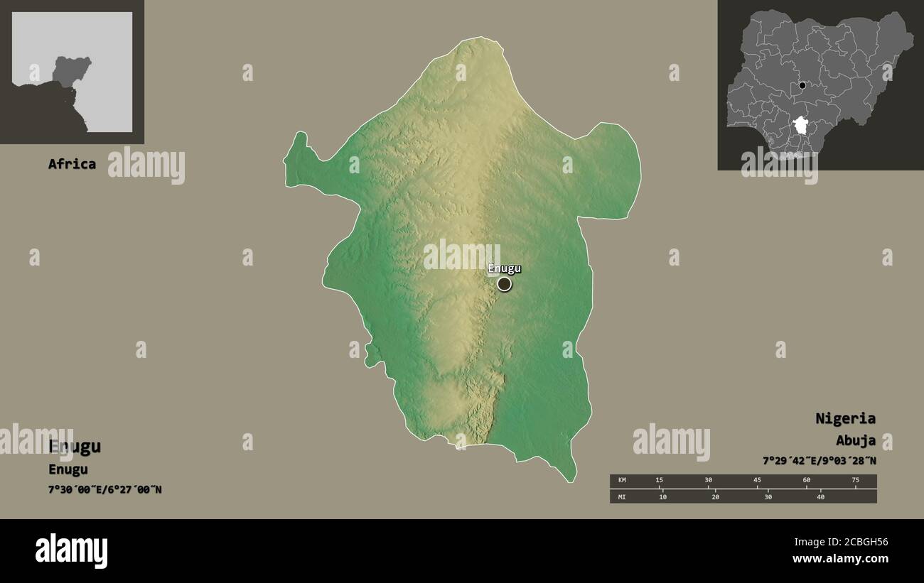 Shape of Enugu, state of Nigeria, and its capital. Distance scale ...