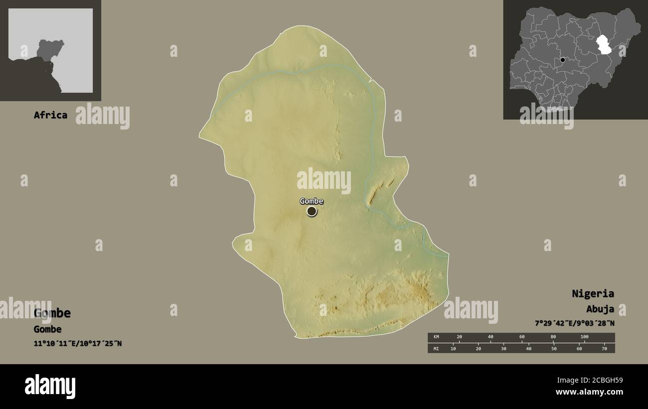 Shape of Gombe, state of Nigeria, and its capital. Distance scale ...