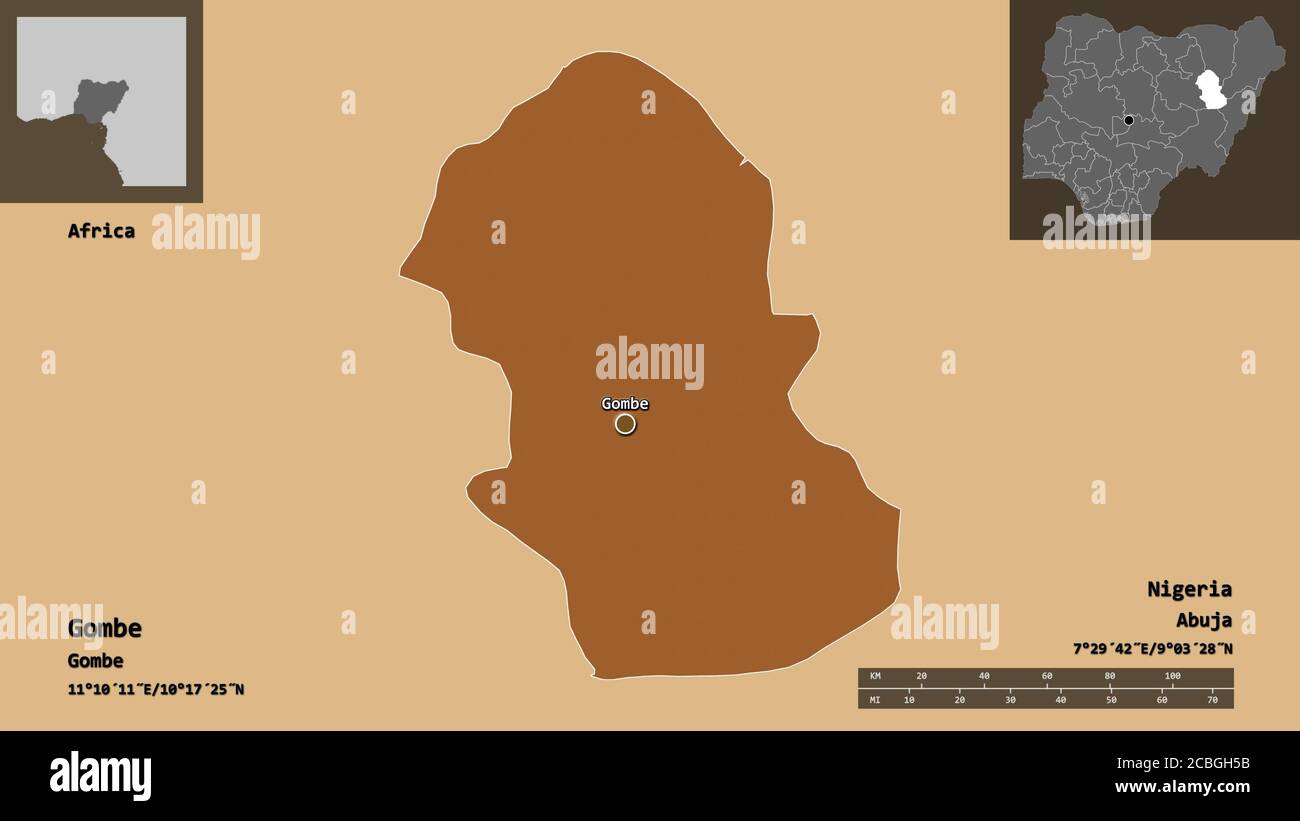 Shape of Gombe, state of Nigeria, and its capital. Distance scale ...