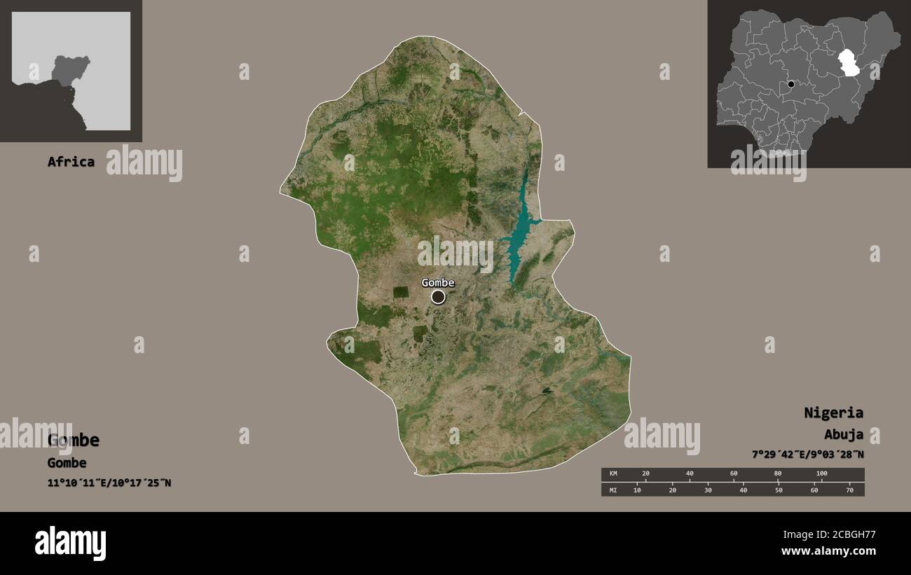 Shape of Gombe, state of Nigeria, and its capital. Distance scale ...