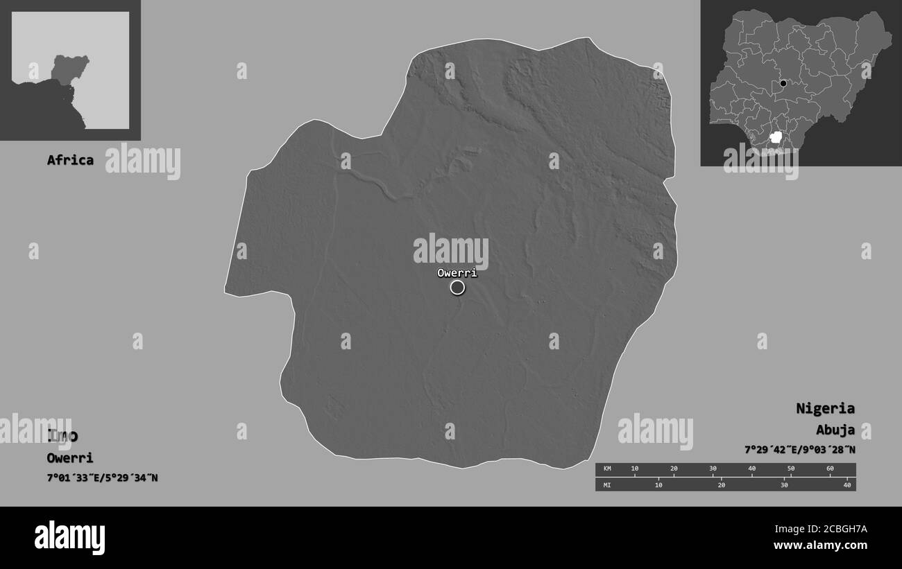 Shape of Imo, state of Nigeria, and its capital. Distance scale ...