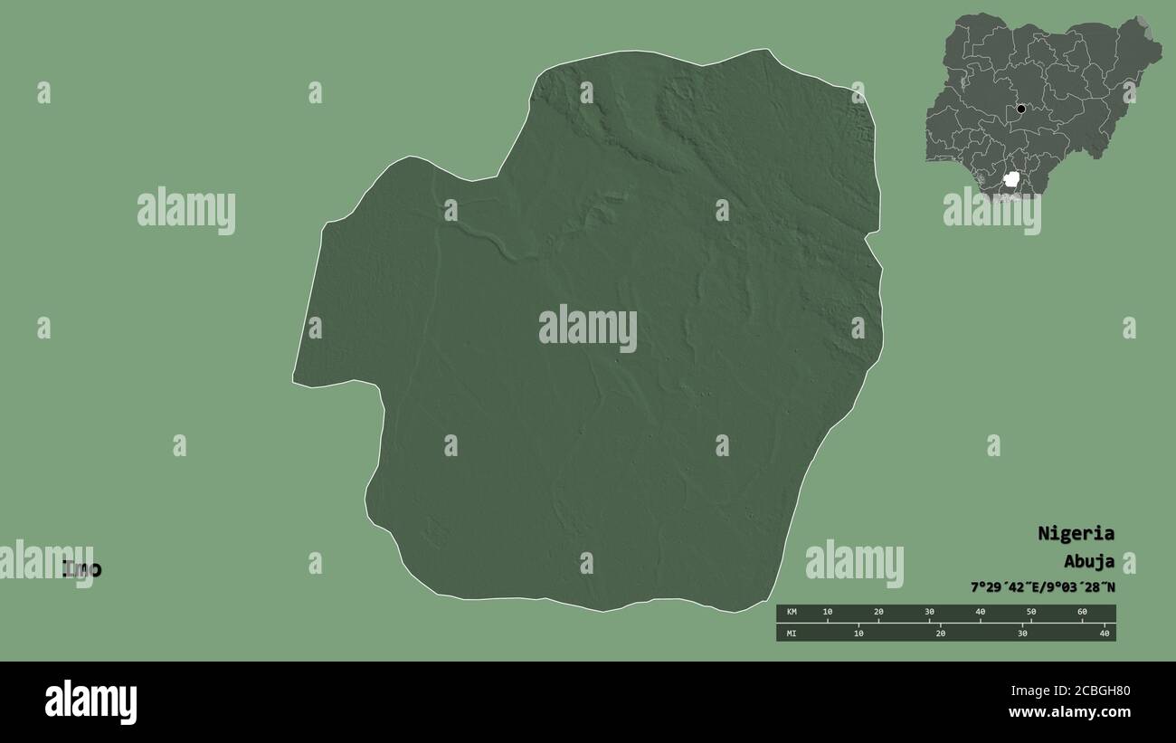 Shape of Imo, state of Nigeria, with its capital isolated on solid ...