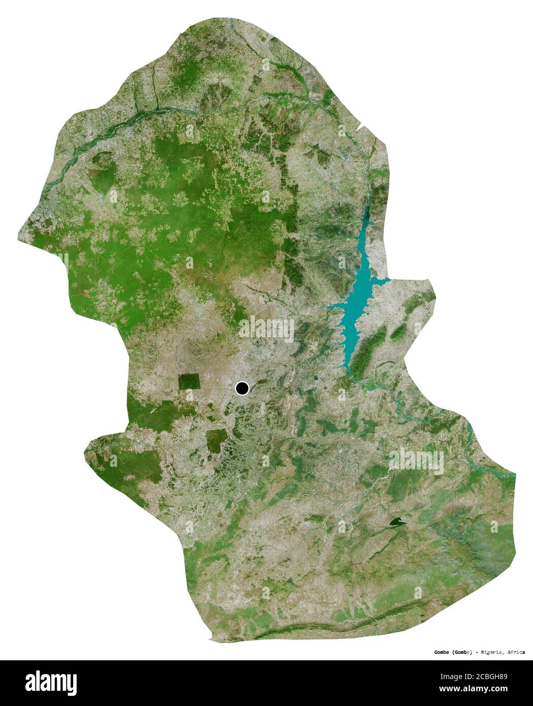 Shape of Gombe, state of Nigeria, with its capital isolated on white ...