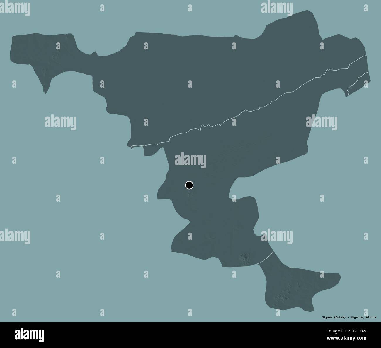Shape of Jigawa, state of Nigeria, with its capital isolated on a solid ...